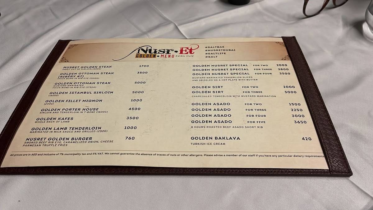Menu at Nusr-Et Steakhouse Dubai, Dubai, Restaurant Village Four ...