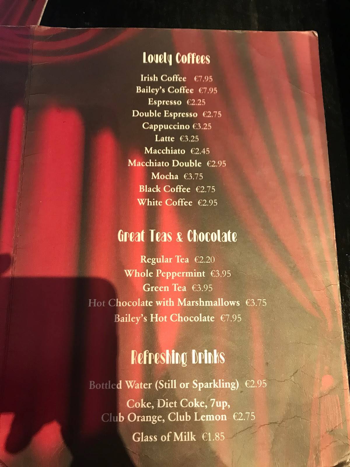 Menu at The Stage Door Cafe, Dublin