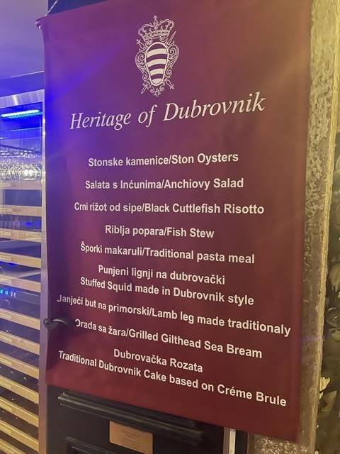 Menu at Heritage of Dubrovnik restaurant, Dubrovnik