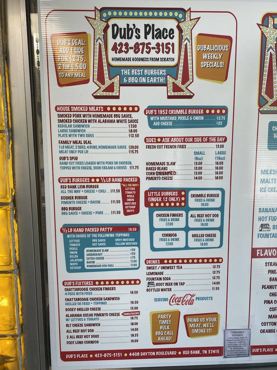 Menu at Dub's Place restaurant, Chattanooga
