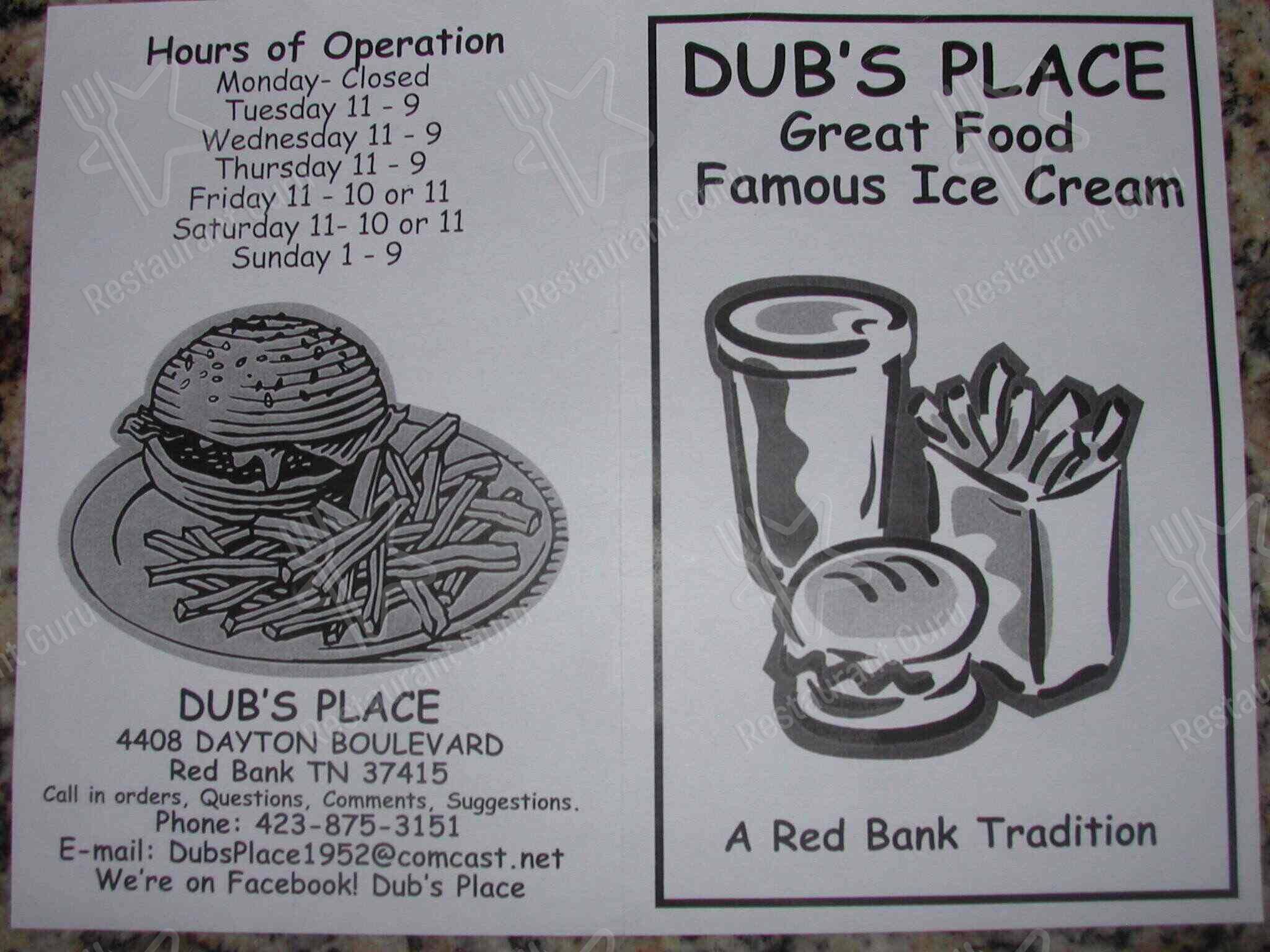 Menu at Dub's Place restaurant, Chattanooga