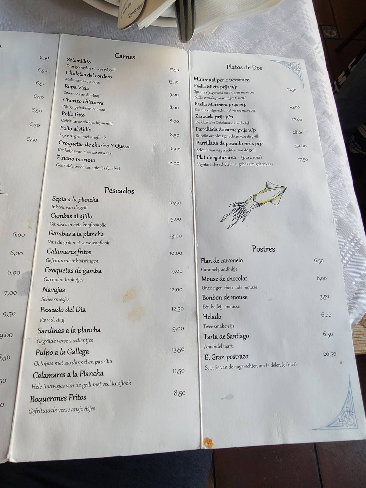 Menu at Duende Dos, Amsterdam