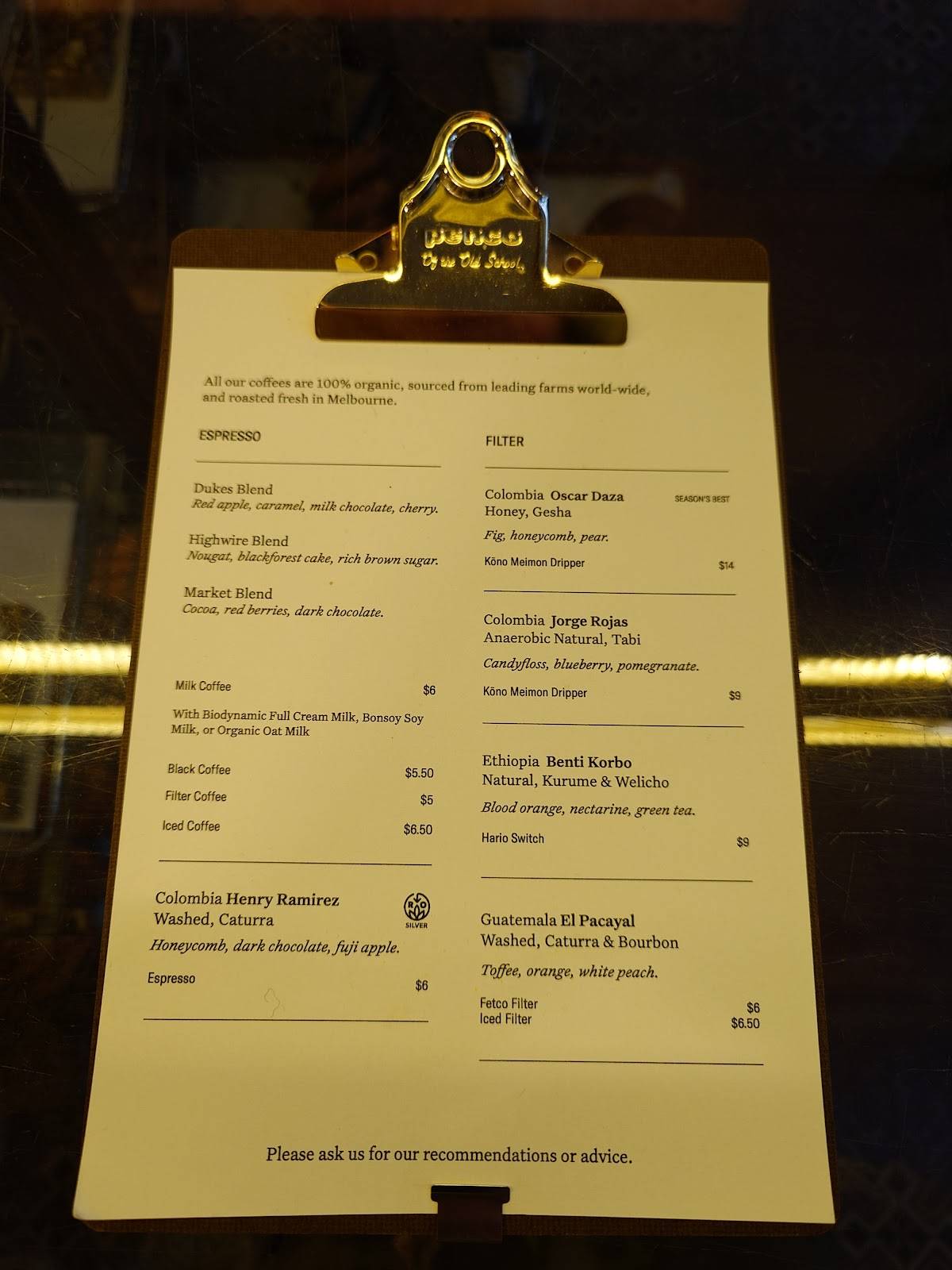 Menu at Dukes Coffee Roasters cafe, Melbourne, 247 Flinders Ln