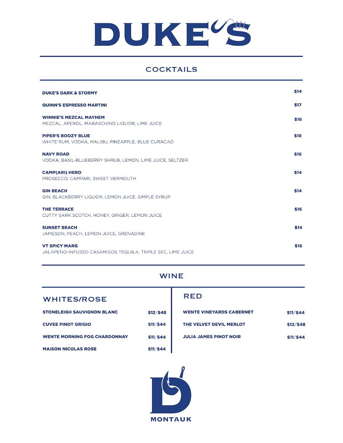 Menu at Duke's Montauk restaurant, Montauk