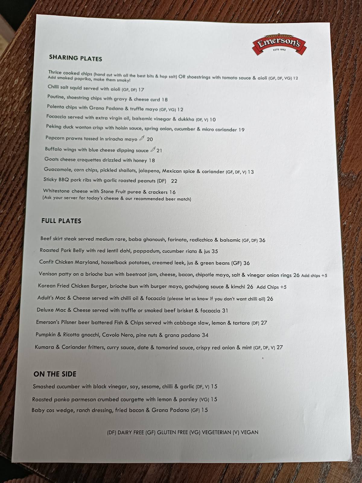 Menu at Emerson's Brewery pub & bar, Dunedin