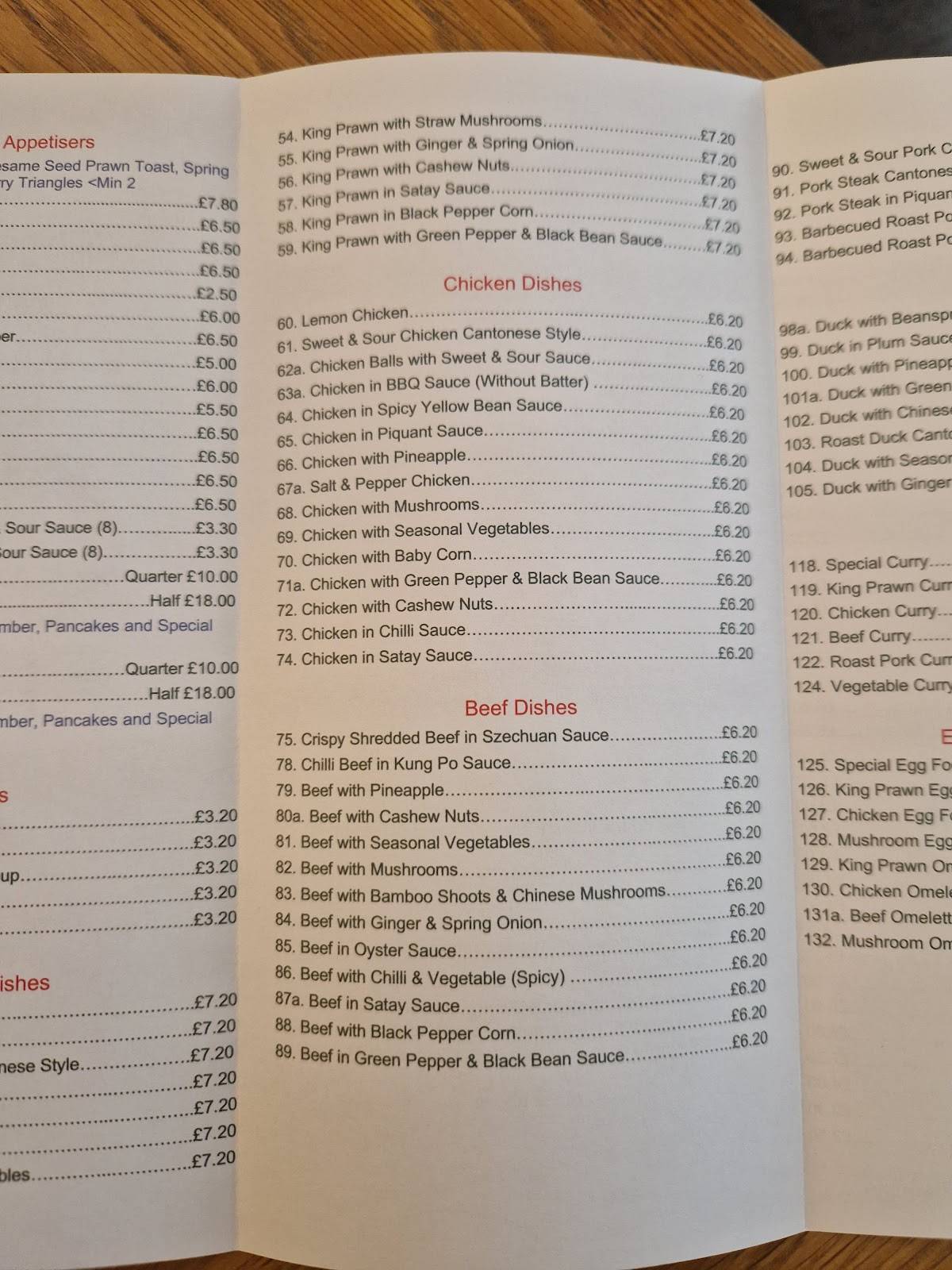 Menu at The China Palace restaurant, Duns