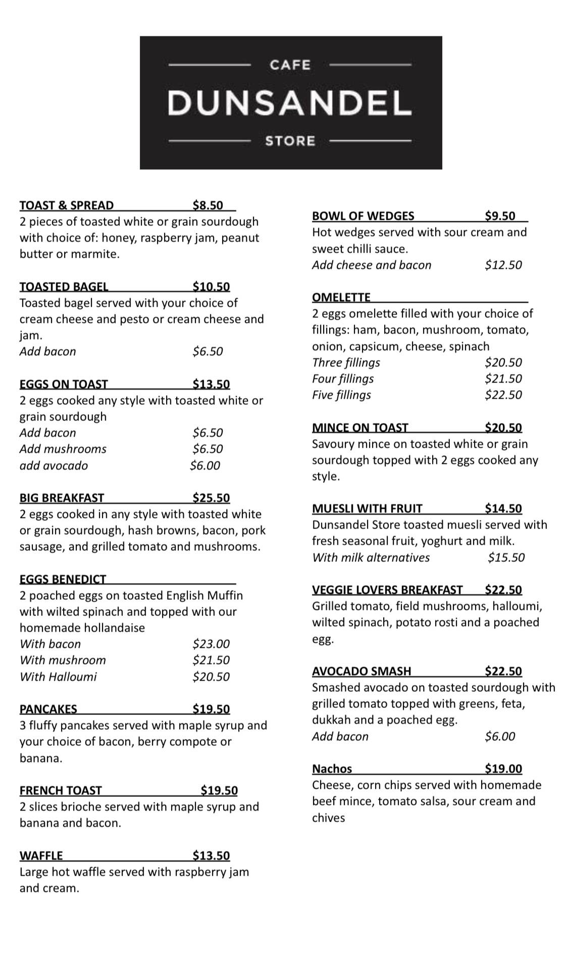 Menu at Dunsandel Café & Store cafe, Dunsandel