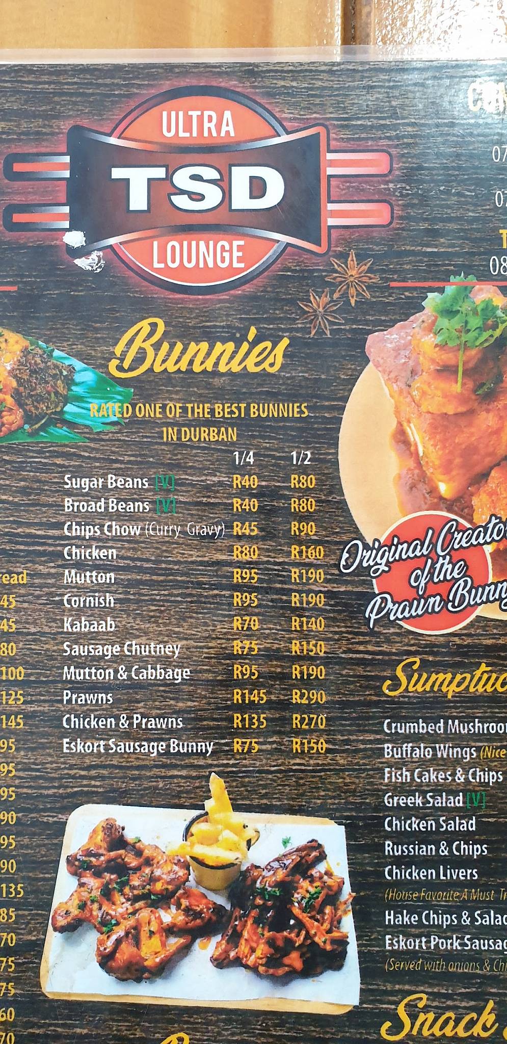 Menu at TSD Ultra LOUNGE restaurant, Durban North