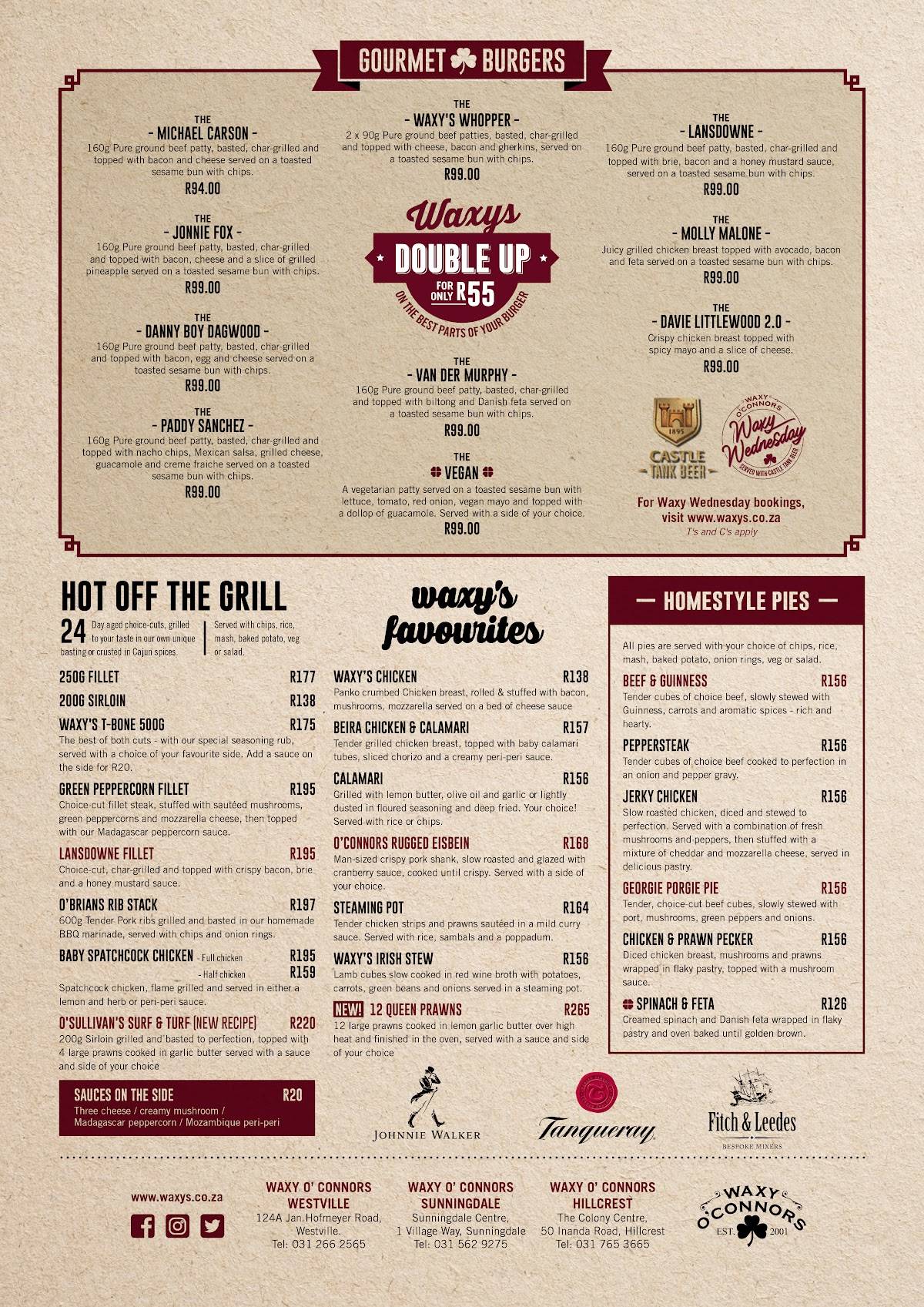 Menu at Waxy O'Connors restaurant, Durban