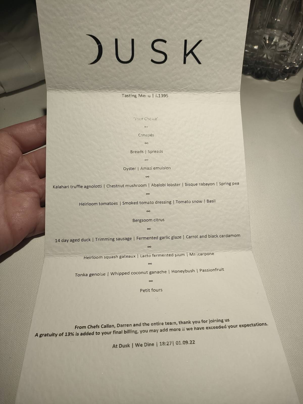 Menu at Dusk Restaurant, Stellenbosch