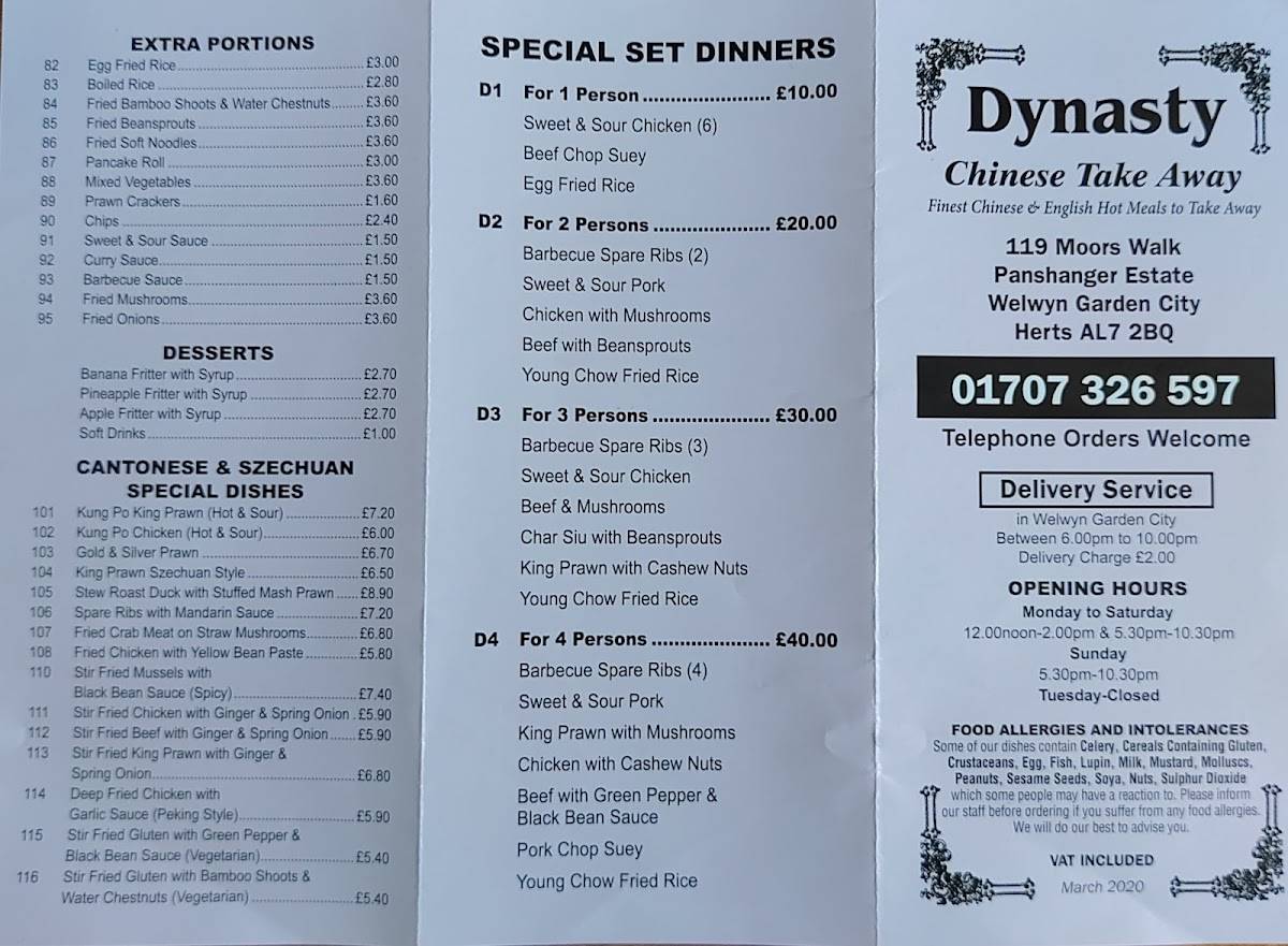 Menu at Dynasty Chinese Take Away. fast food, Welwyn Garden City