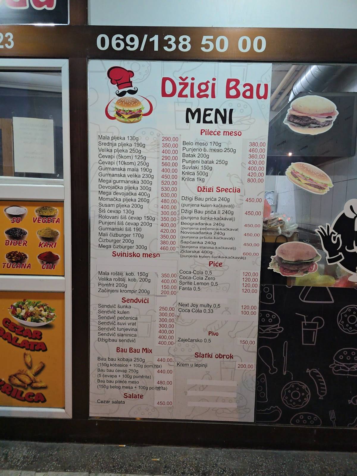 Menu at Džigi bau restaurant, Šabac