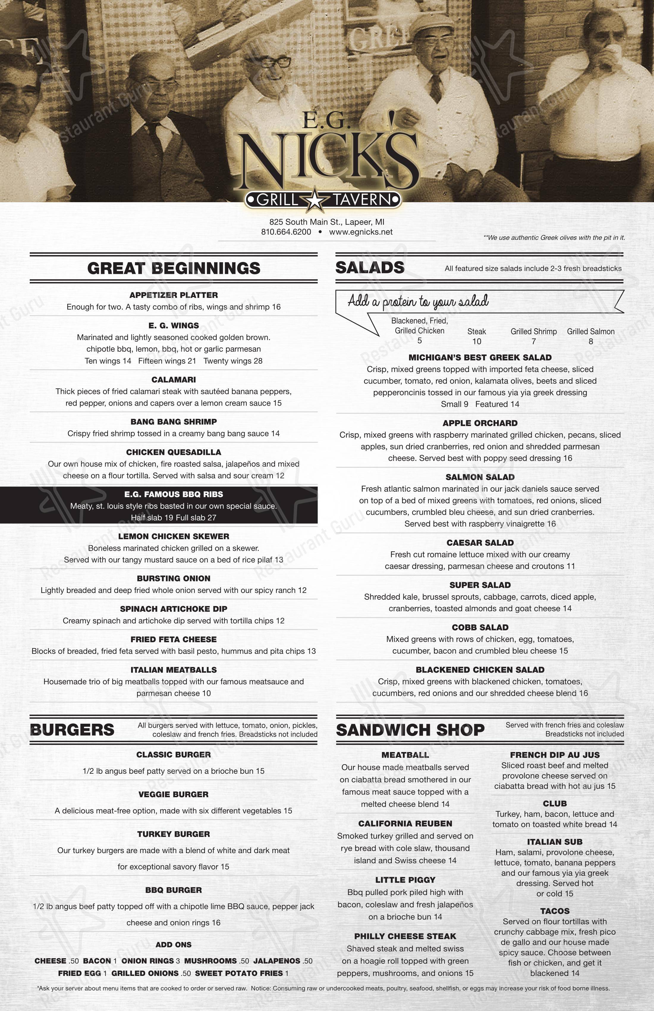 Menu at E.G. Nicks Grill & Tavern pub & bar, Lapeer