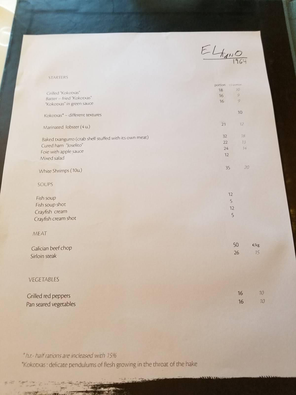 Menu at ELKANO steakhouse, Getaria, Herrerieta Kalea