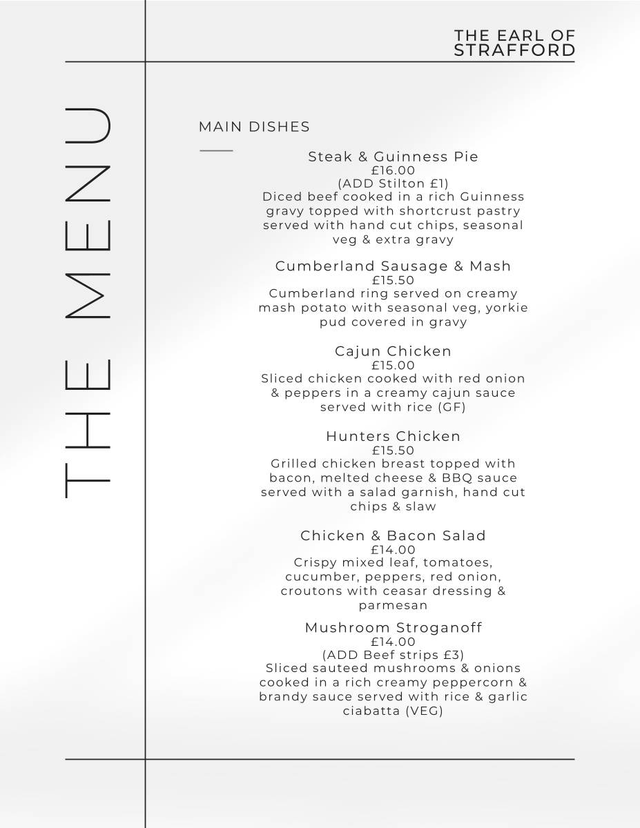 Menu at The Earl of Strafford at Hooton Roberts restaurant, Rotherham
