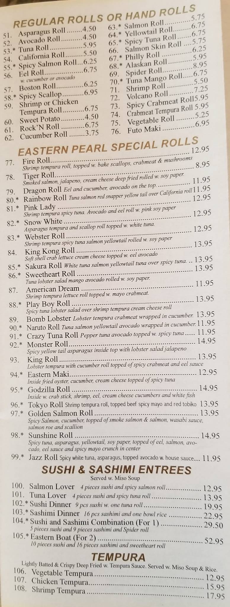 Menu at Eastern Pearl restaurant, Webster