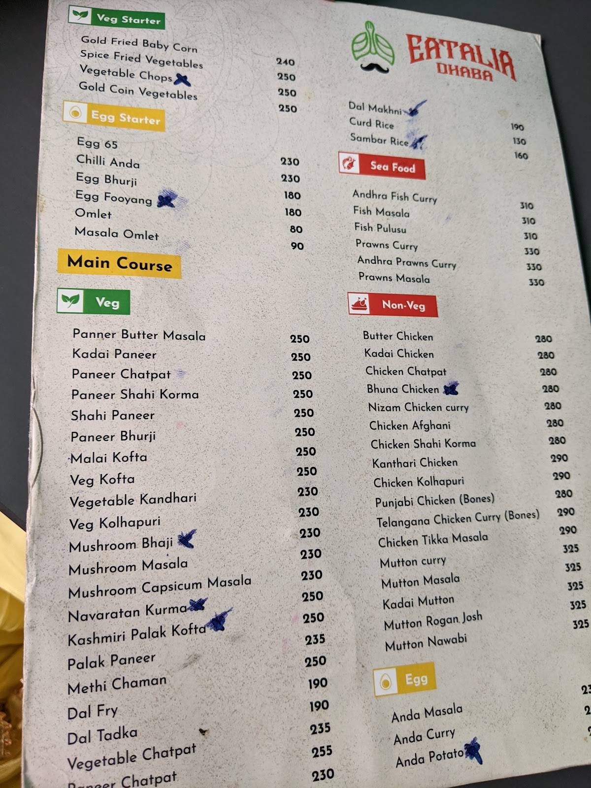 Menu at Eatalia dhaba, Secunderabad