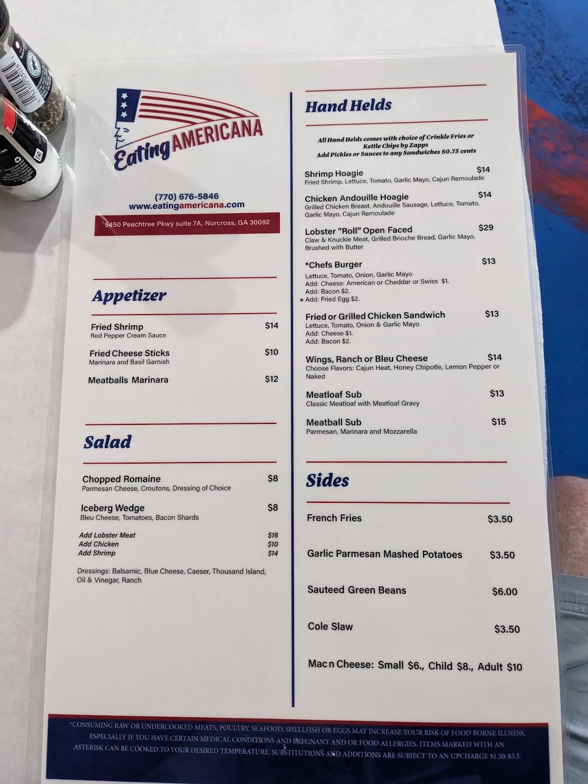 Menu at Eating Americana restaurant, Norcross