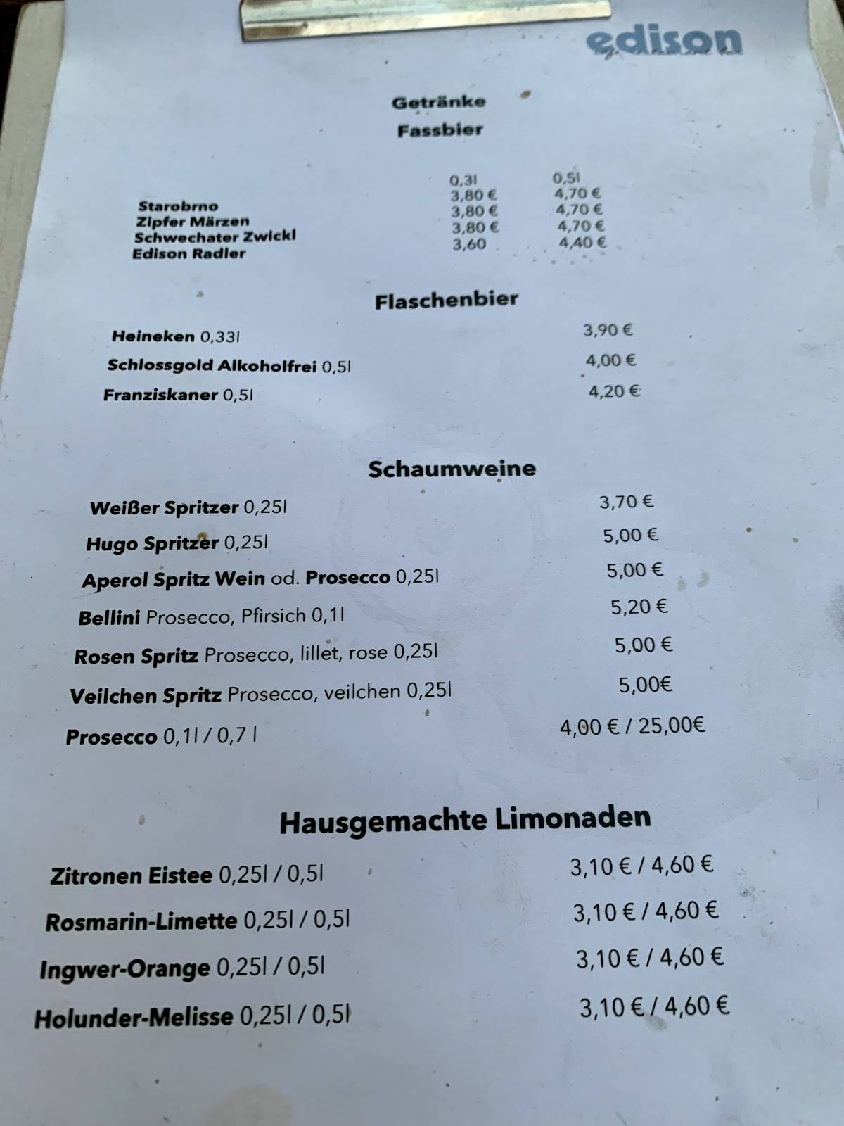 Speisekarte von Edison pub & Bar, Wien, Alserstraße Wickenburggasse