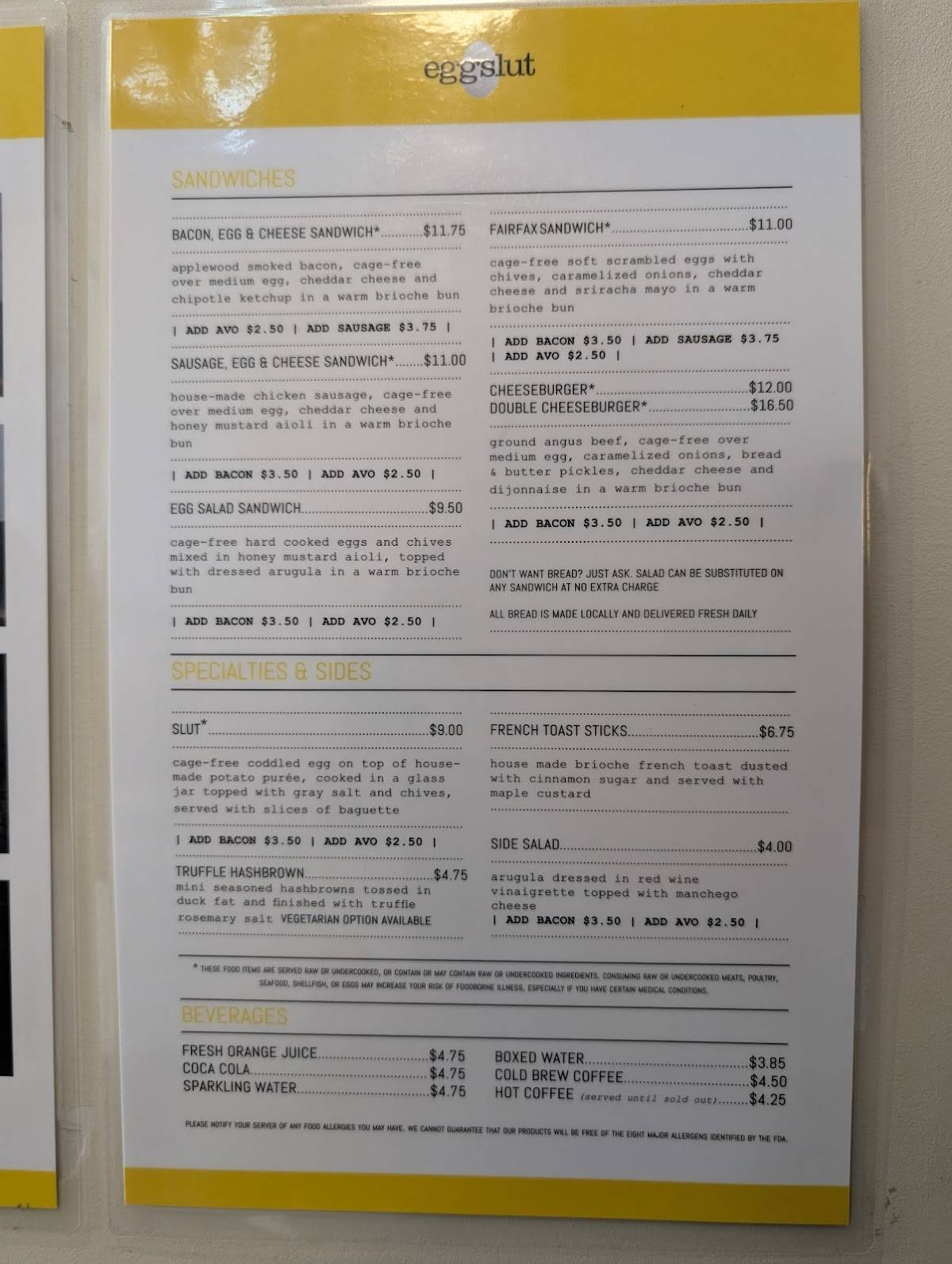 Menu at Eggslut restaurant, Los Angeles, 317 S Broadway