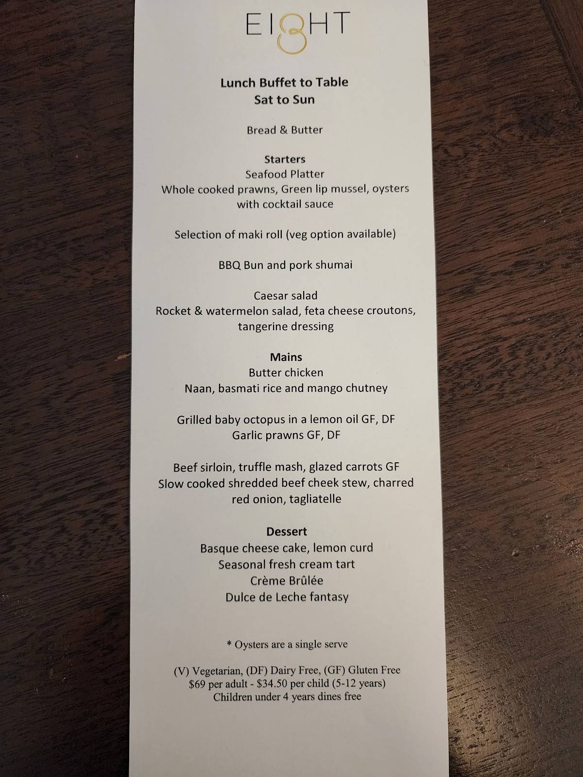 Menu at Eight at Cordis, Auckland restaurant, Auckland