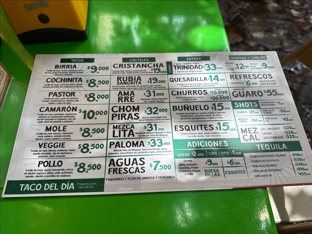 Menu at El Altar Taquería Casa Brava restaurant, Medellín
