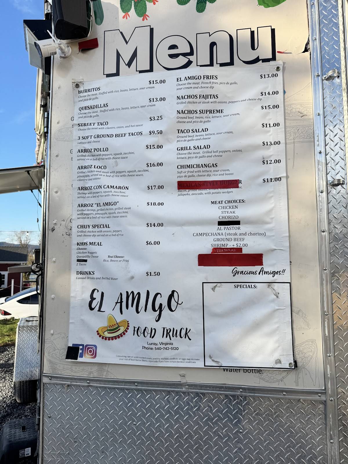 Menu at El Amigo Food Truck restaurant, Luray