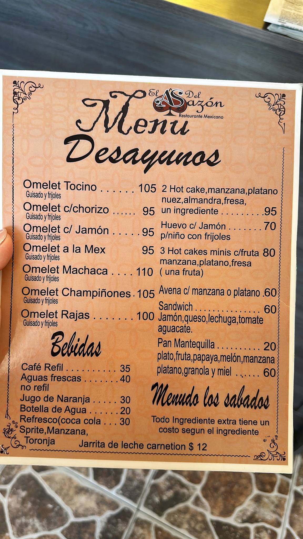 Carta del restaurante El As del Sazón, Ciudad Juarez