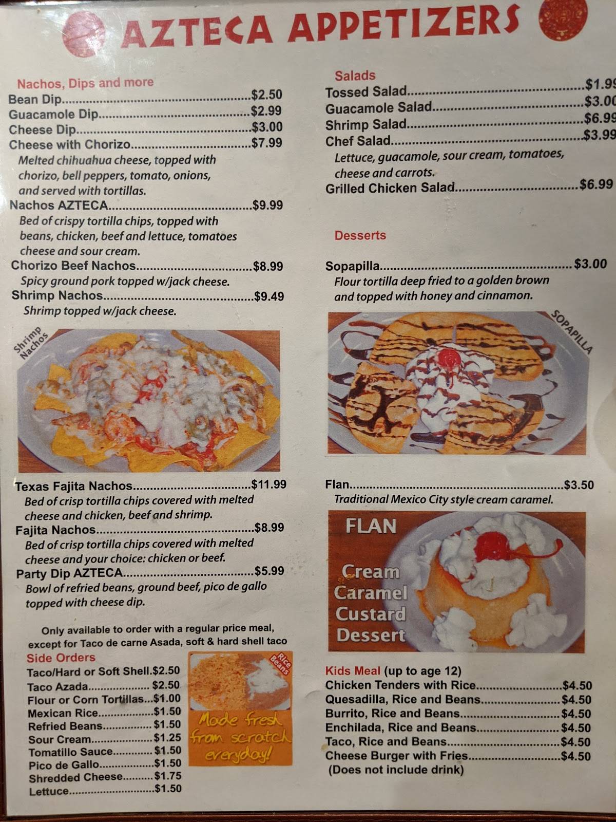 Menu at El Azteca restaurant, Worthington