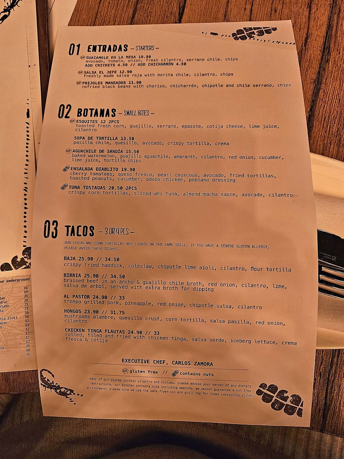 Carta del restaurante El Catrin Destileria, Toronto, 18 Tank House Lane