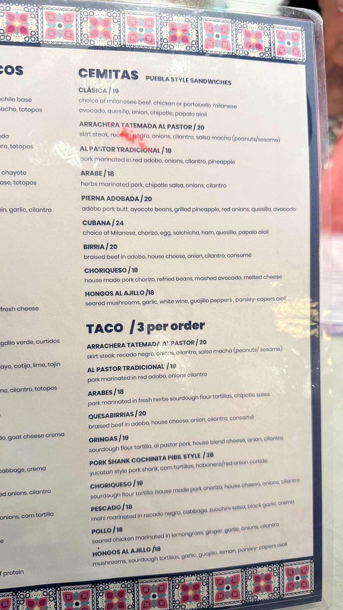 Carta del restaurante El Chingon Philly, Filadelfia