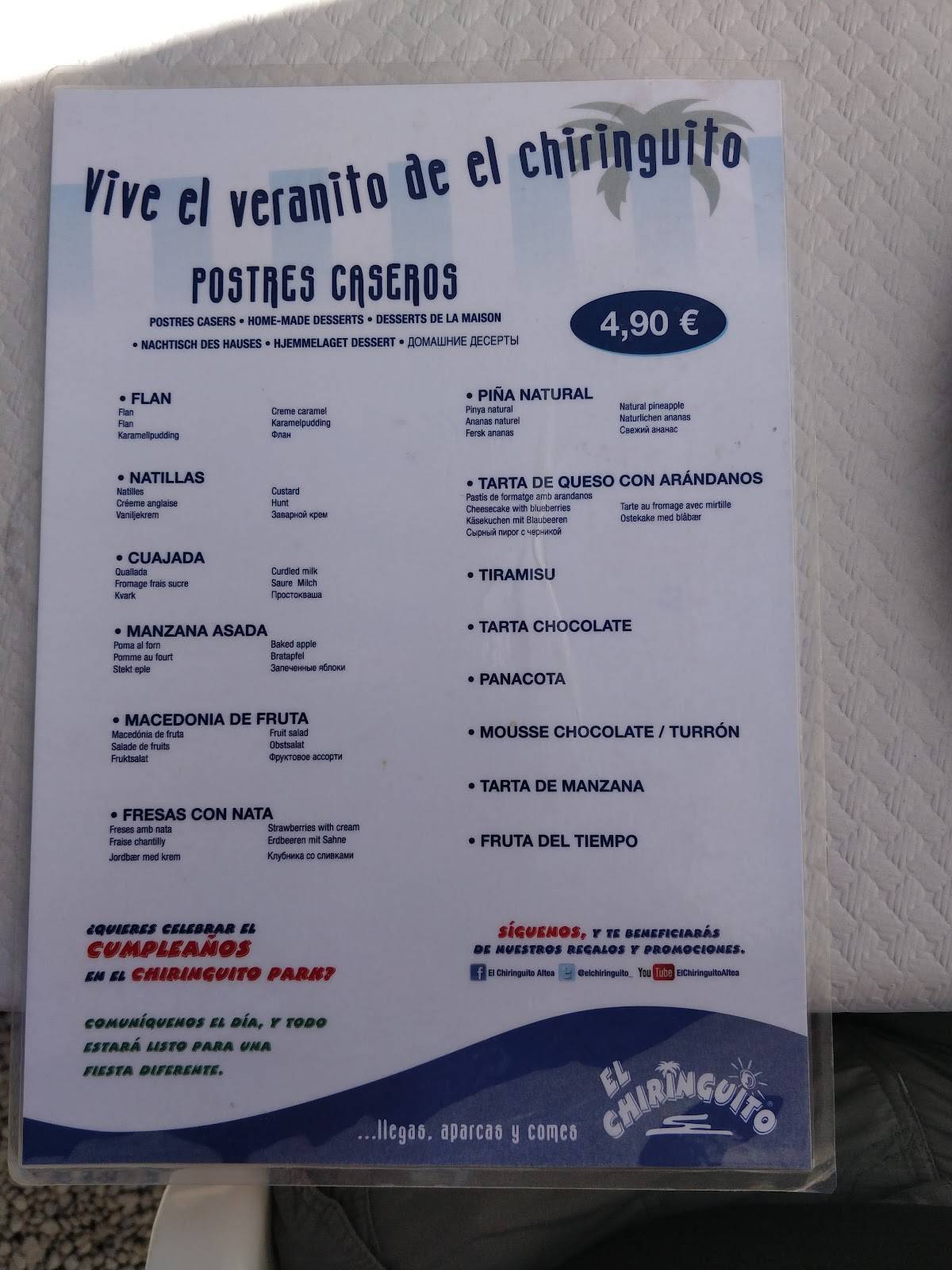 Carta del restaurante El Chiringuito, Altea, Carr. del Albir