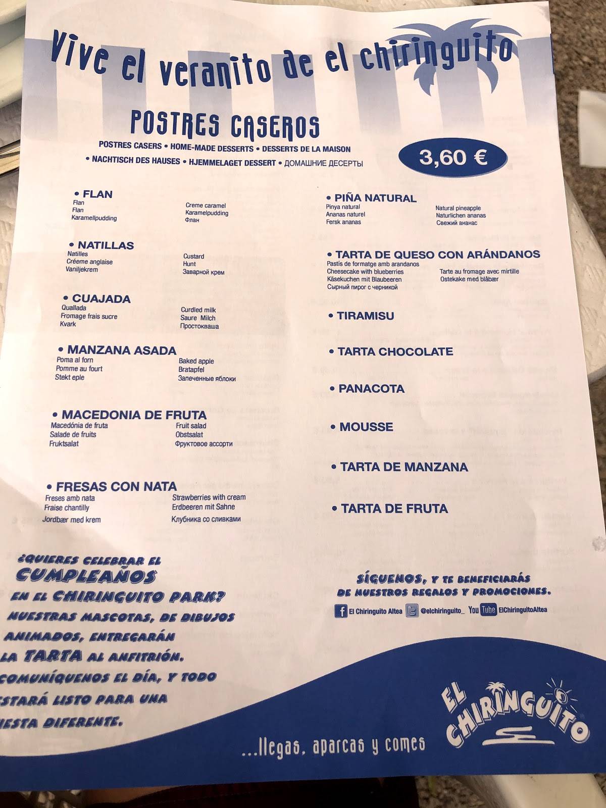 Carta del restaurante El Chiringuito, Altea, Carr. del Albir