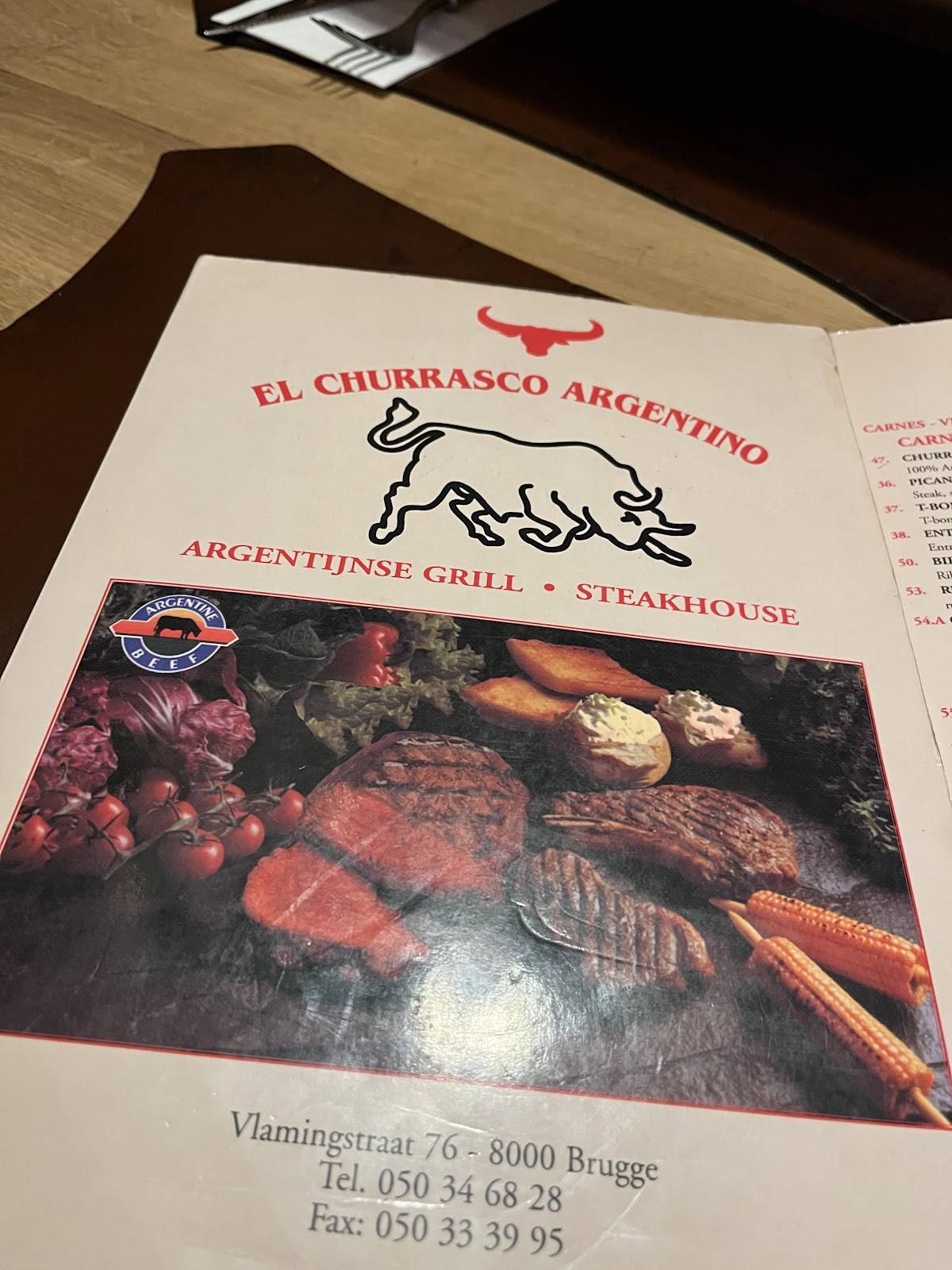 Menu at El Churrasco Argentino steakhouse, Bruges