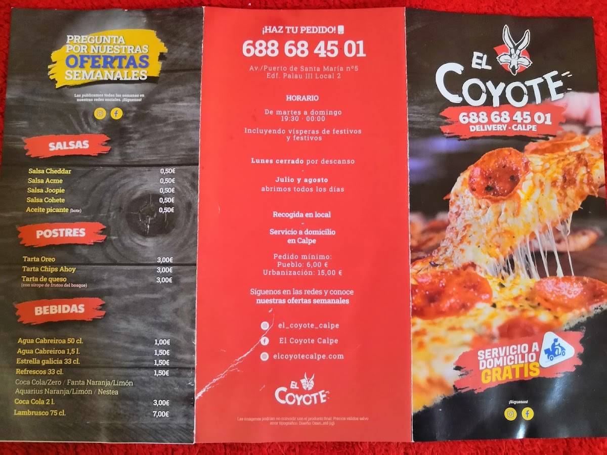 Carta del restaurante EL COYOTE., Calpe
