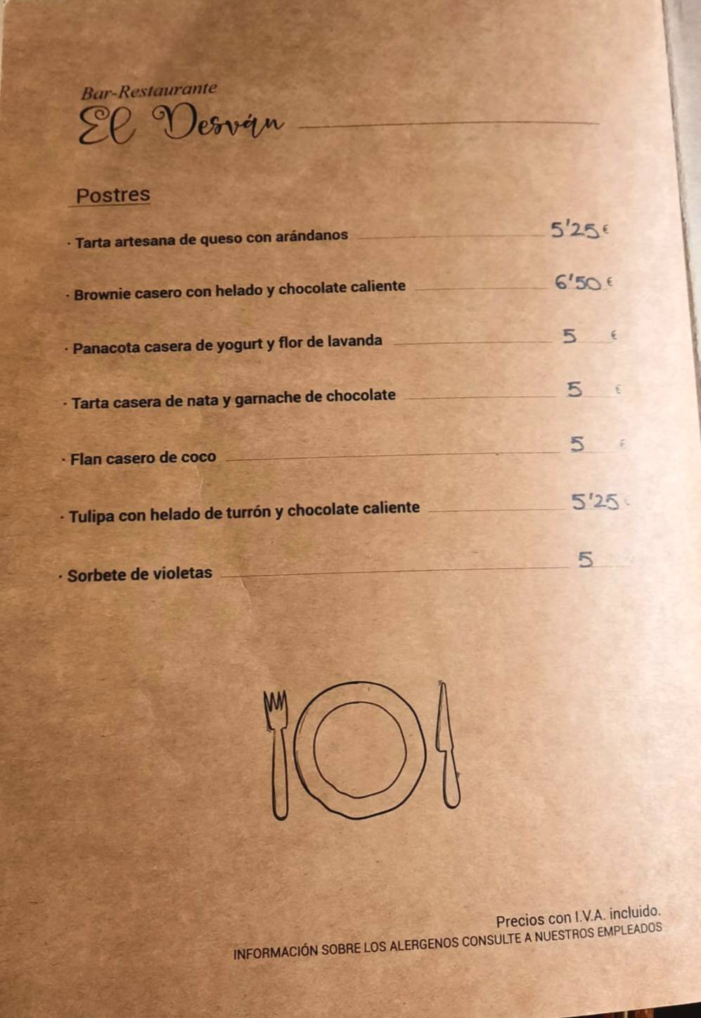 Carta de El Desván BAR RESTAURANTE., Casas Bajas