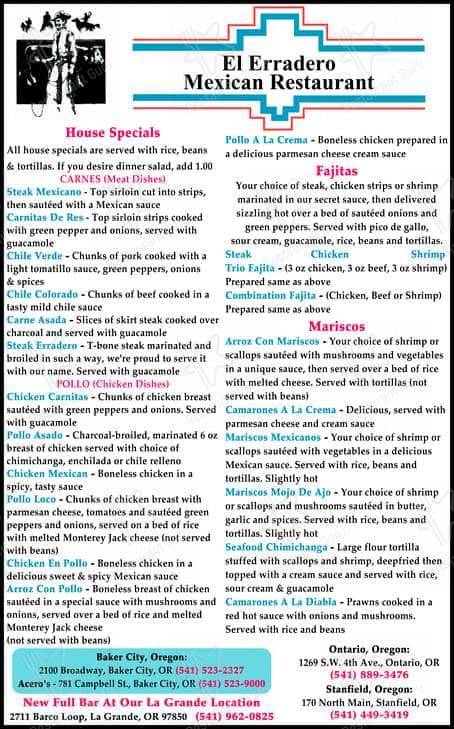 Menu at El Erradero restaurant, Baker City