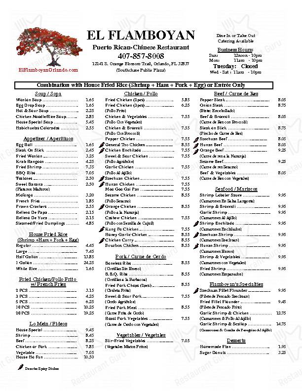 Menu at El Flamboyan Chinese Restaurant, Orlando, S Orange Blossom Trl