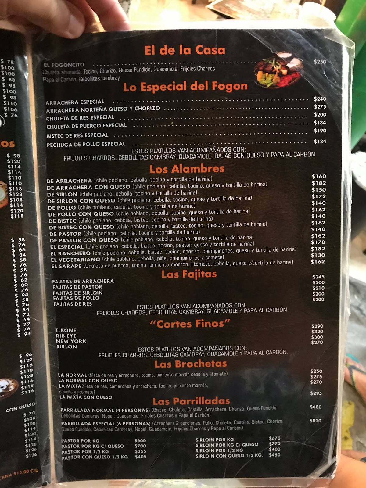 Menu at El Fogón restaurant, Playa del Carmen, Av. Constituyentes