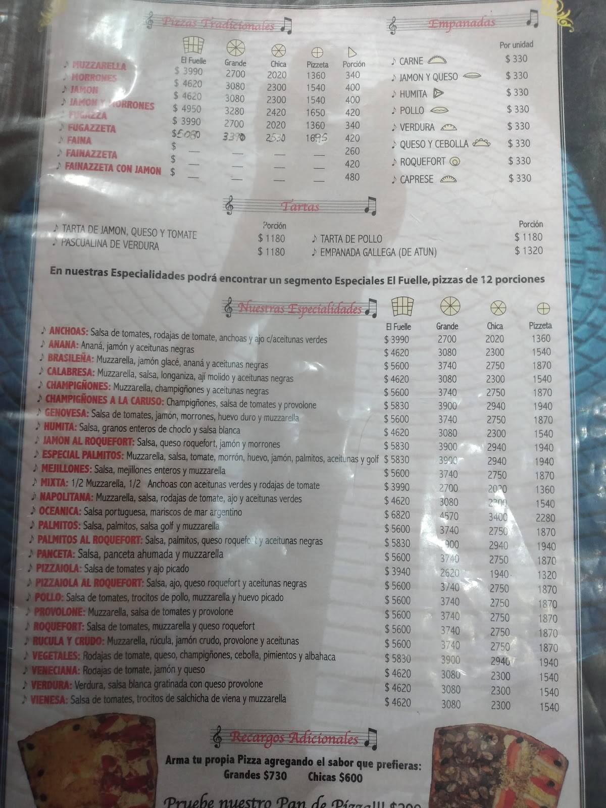 Carta del restaurante El Fuelle, Buenos Aires