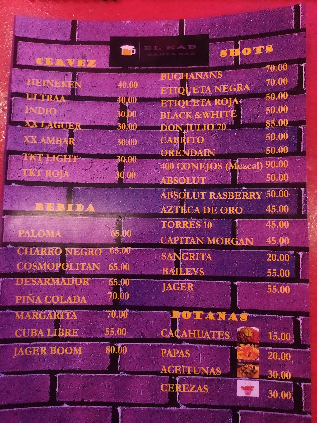 Carta de El KAB Kanta Bar, Tijuana