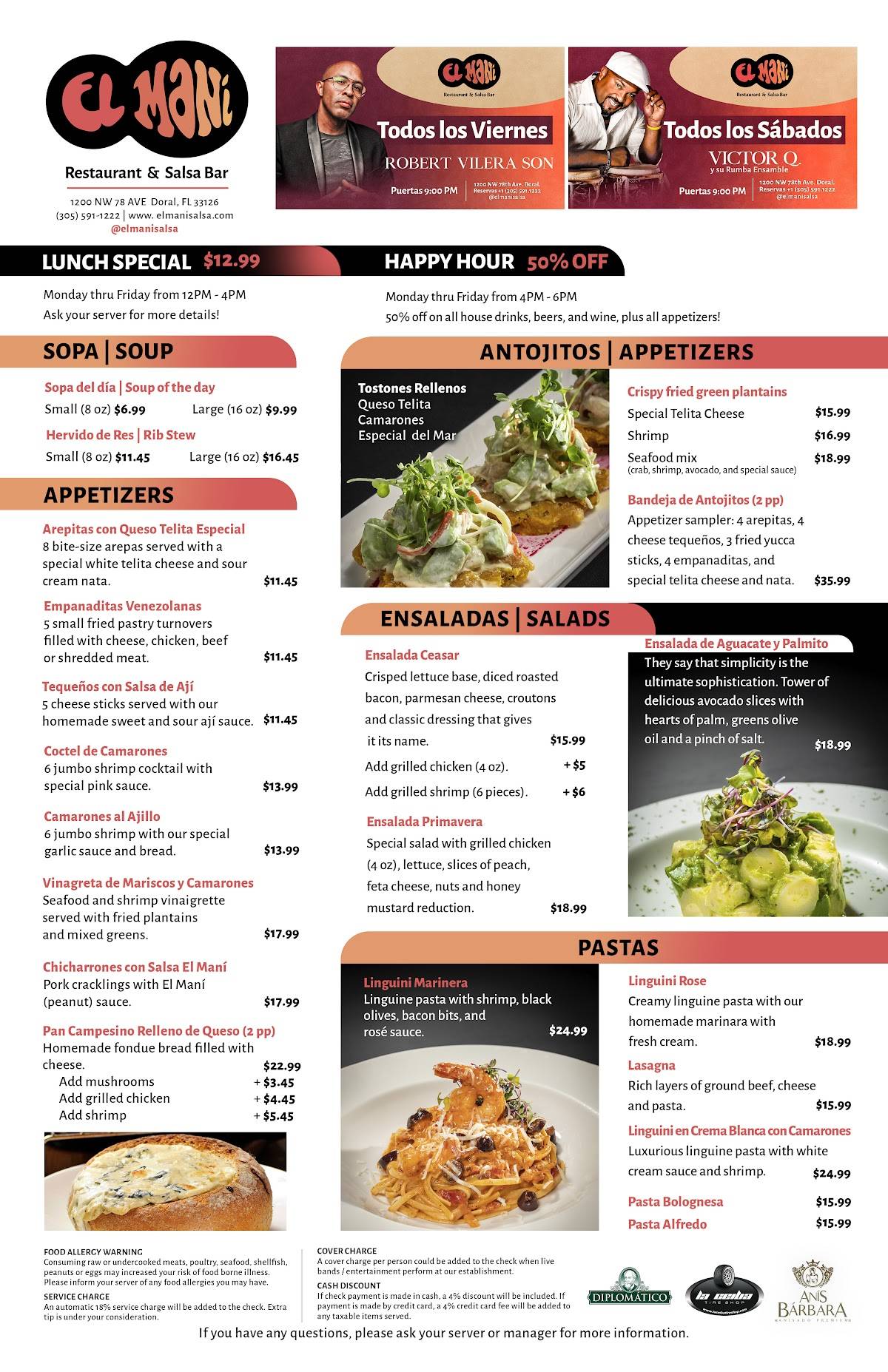 Menu at El Maní Restaurant & Salsa Bar, Doral