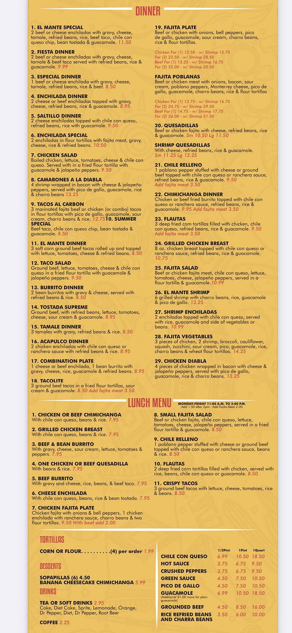 Menu at El Mante restaurant, Onalaska, US-190