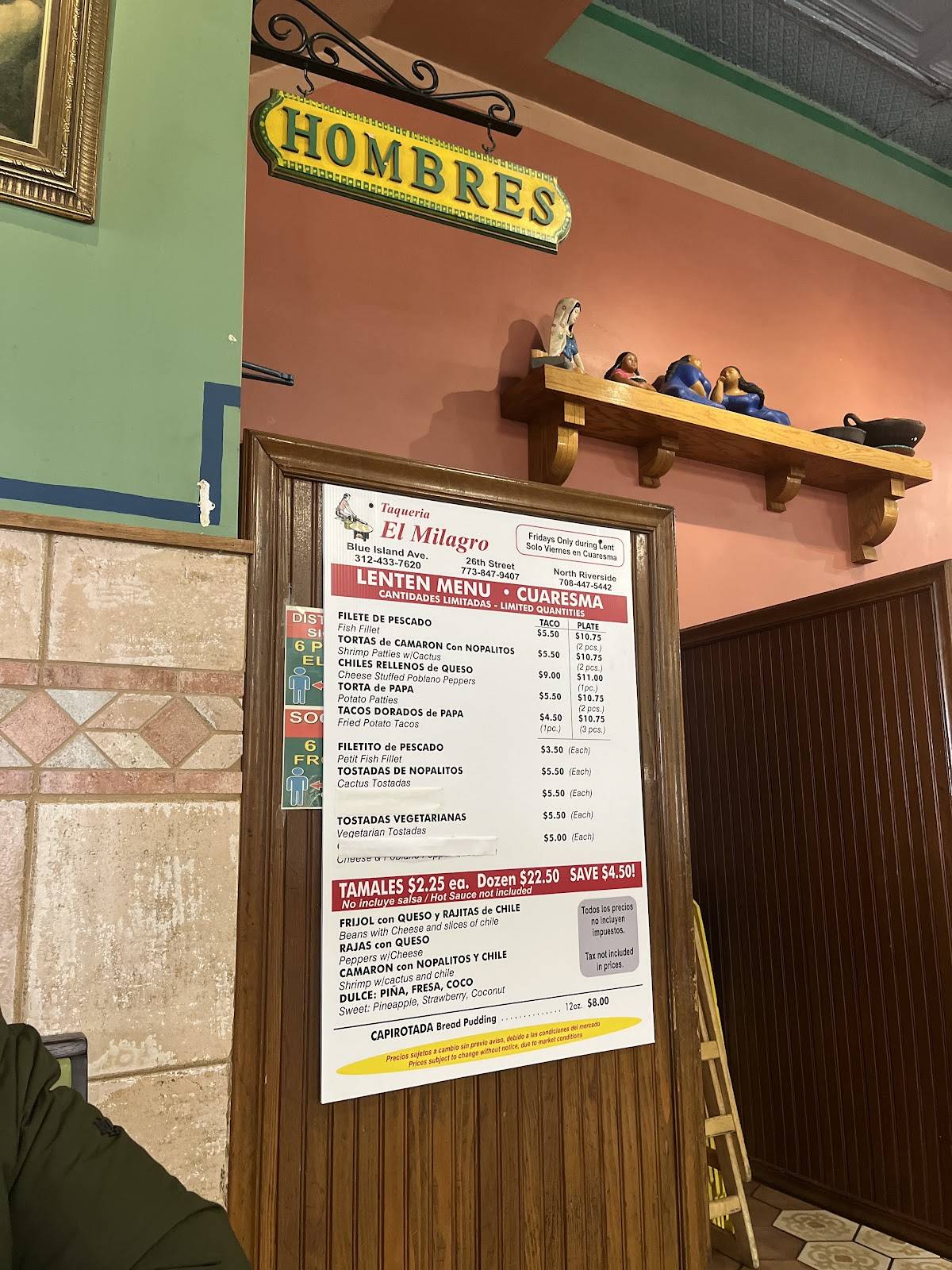 Menu at El Milagro Tortillas restaurant, Chicago, S Blue Island Ave