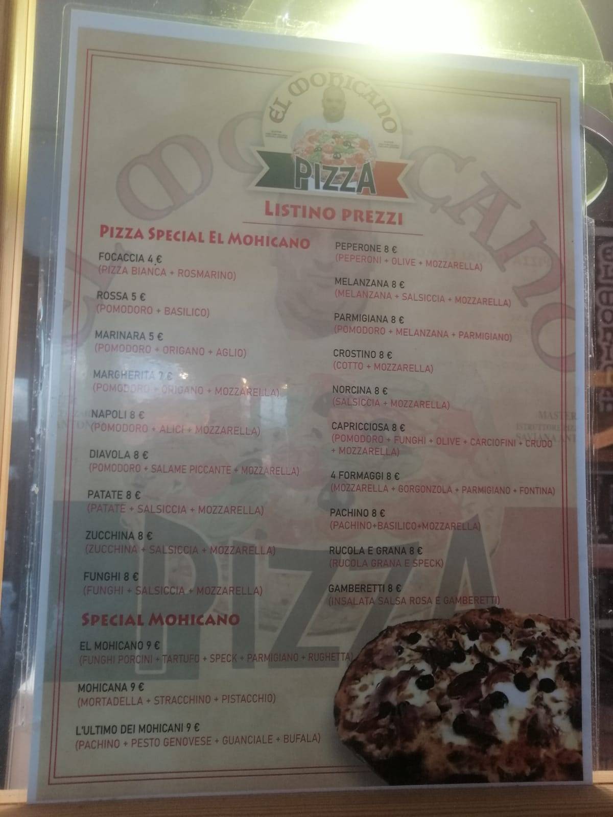Carta de pizzería El Mohicano, Latina