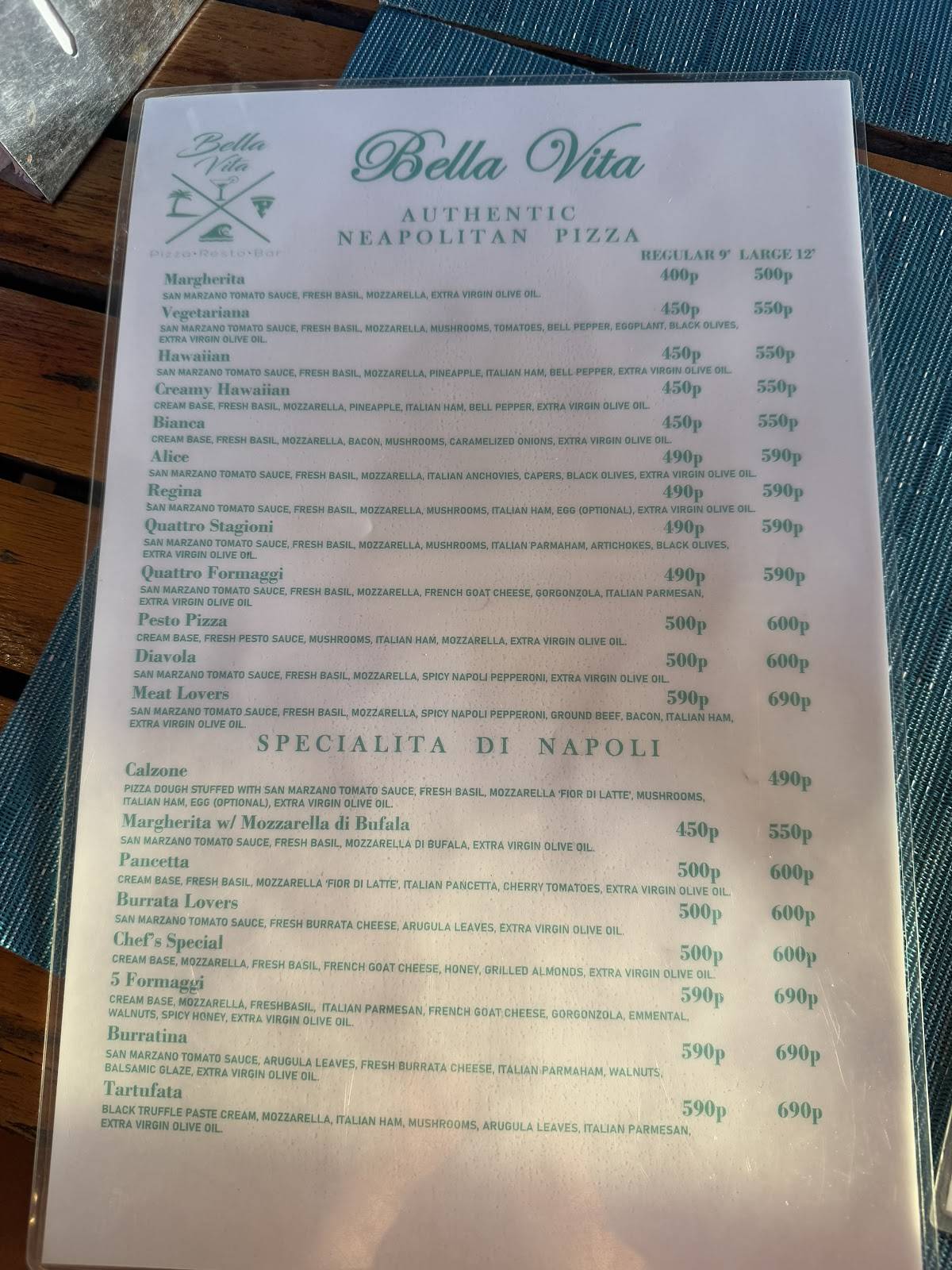 Menu at Bella Vita pizzeria, El Nido, Corong Corong Beach