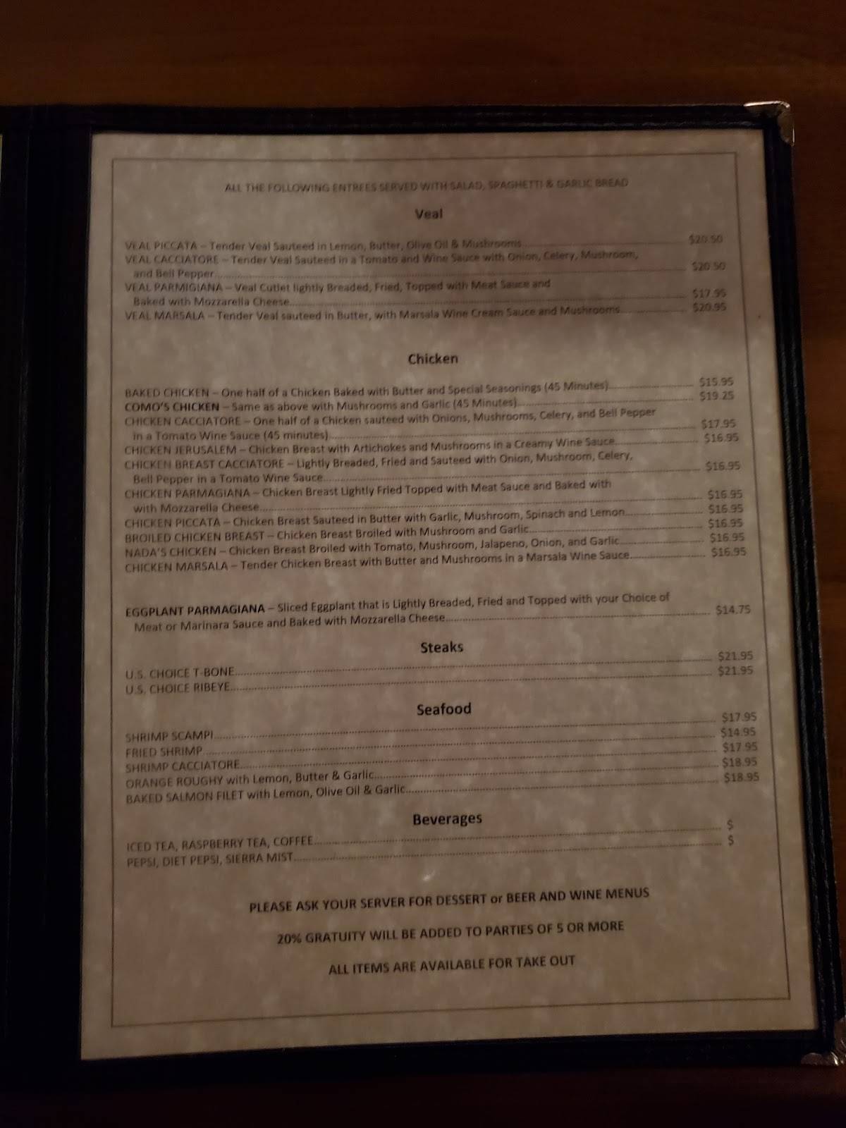 Menu at Como's Italian Restaurant, El Paso