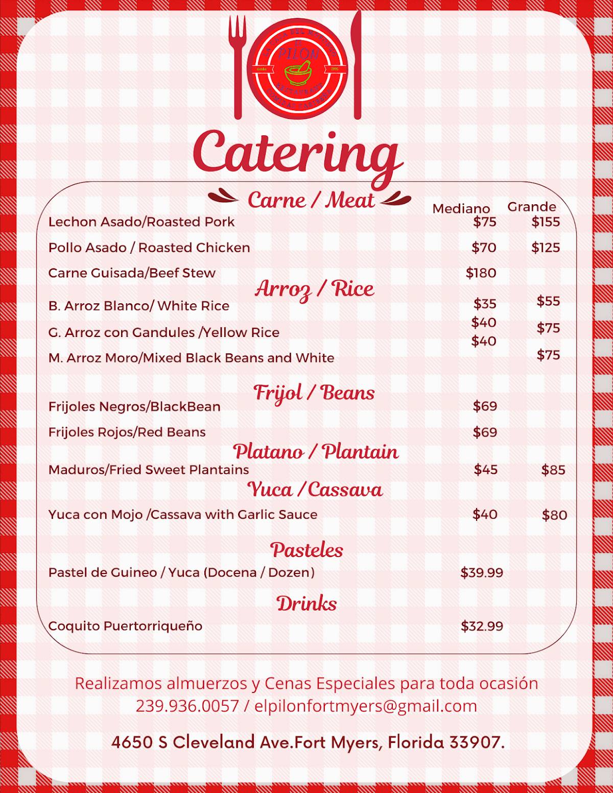 Menu at El Pilón Caribbean Cuisine restaurant, Fort Myers