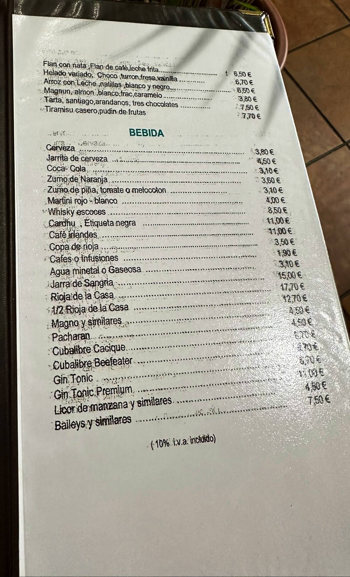 Carta del restaurante El Pinar, Madrid, Ctra. El Pardo-Mingorrubio