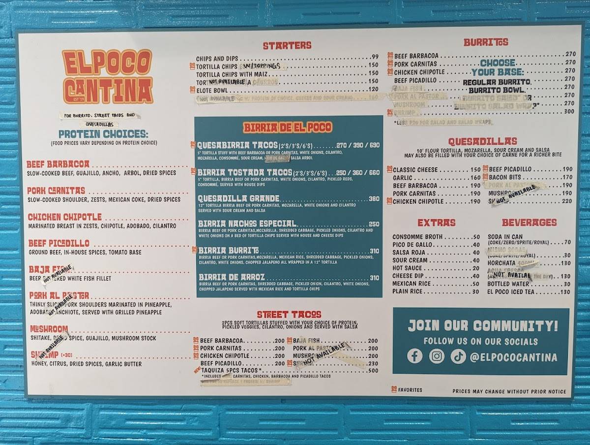 Menu at El Poco Cantina restaurant, Manila